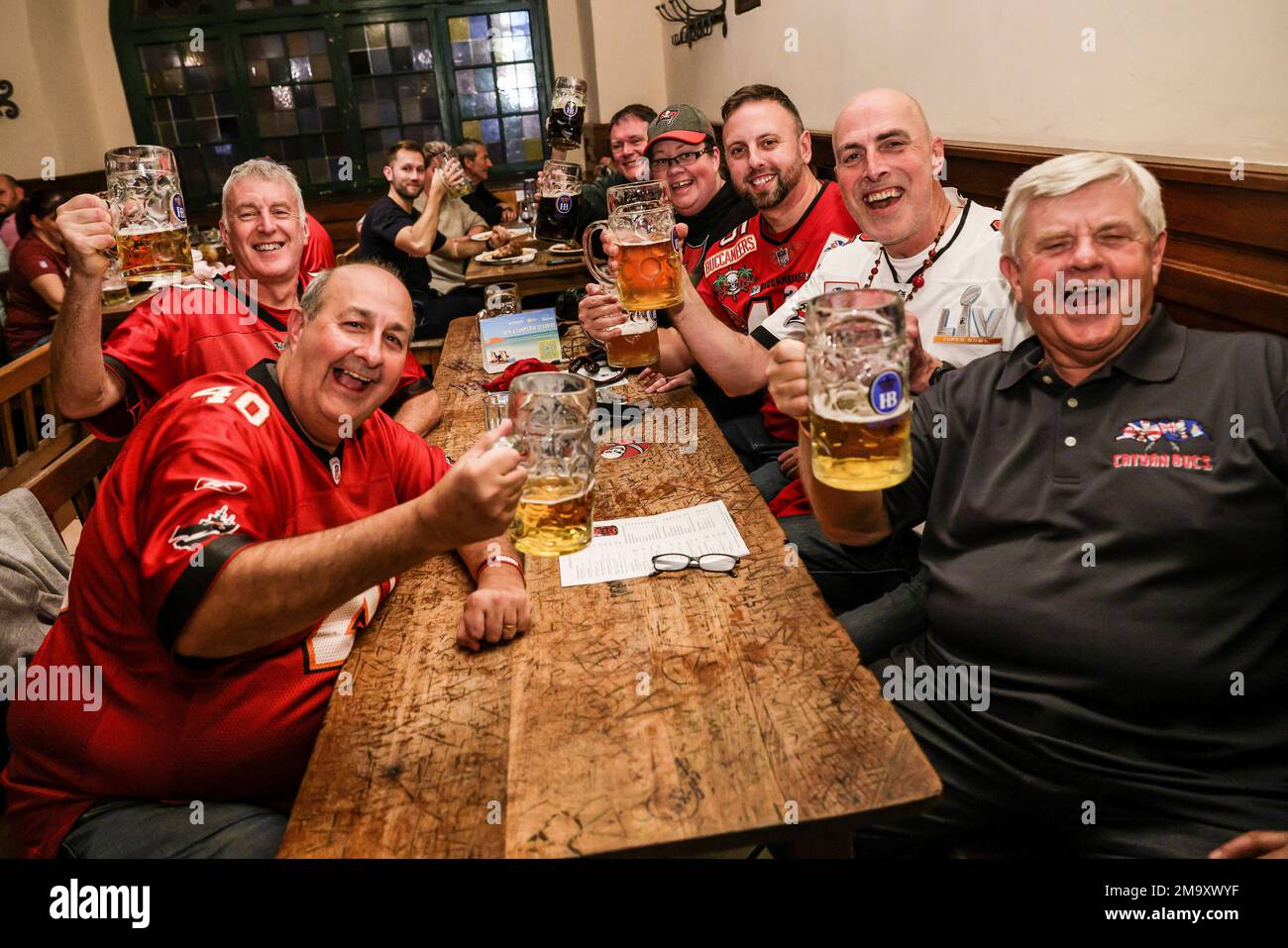 British fans of the Bucs cheer as they pose for a photo, during the ...