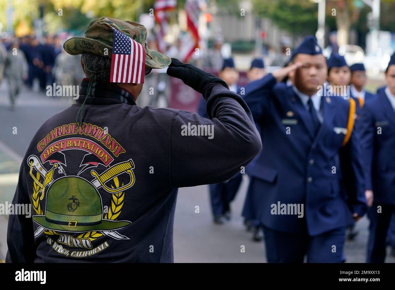 Vietnam veteran Ed Duran, left, exchanges salutes with a member of an ...