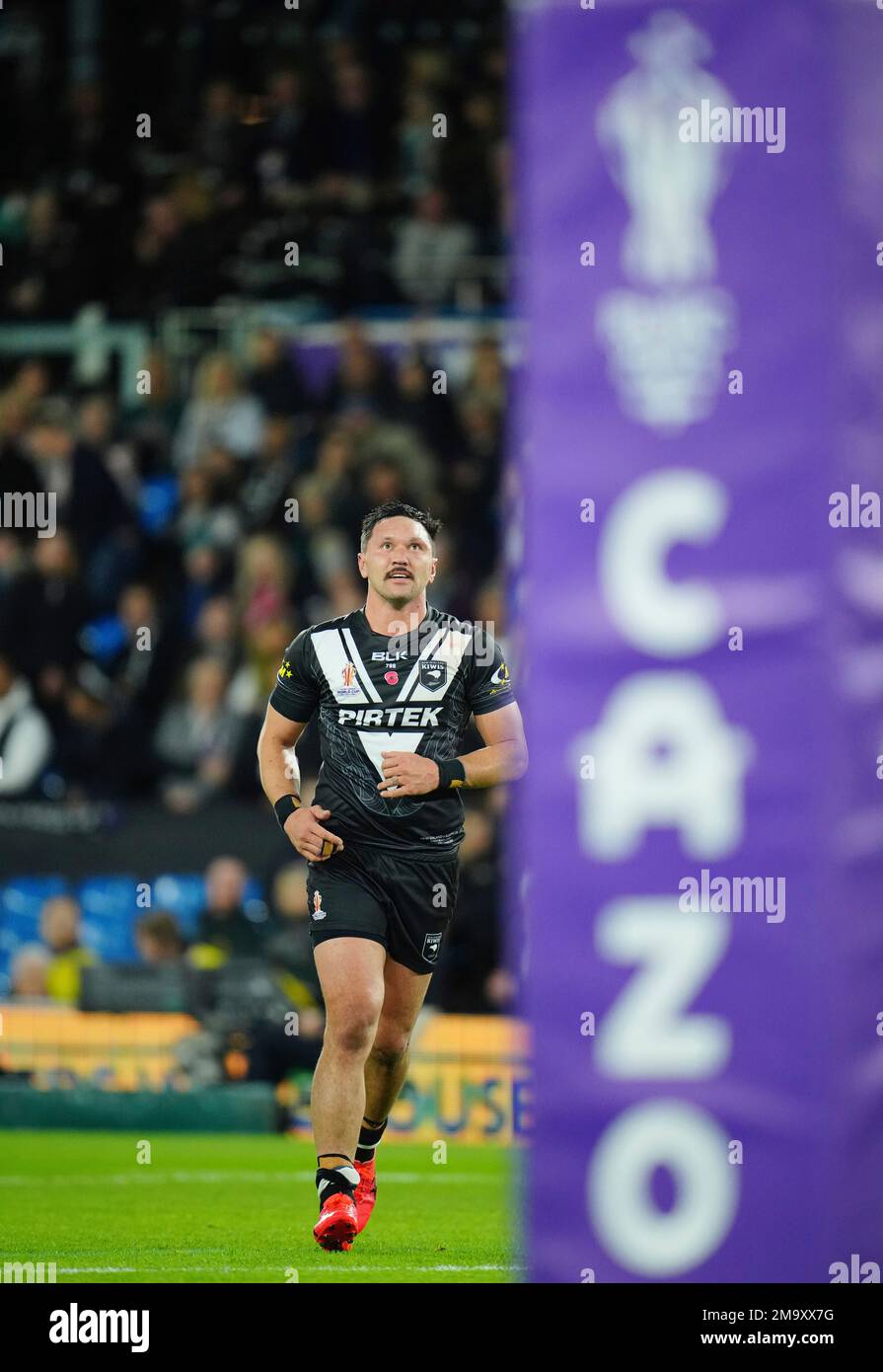 New Zealand's Jordan Rapana watches his penalty kick during the Rugby ...