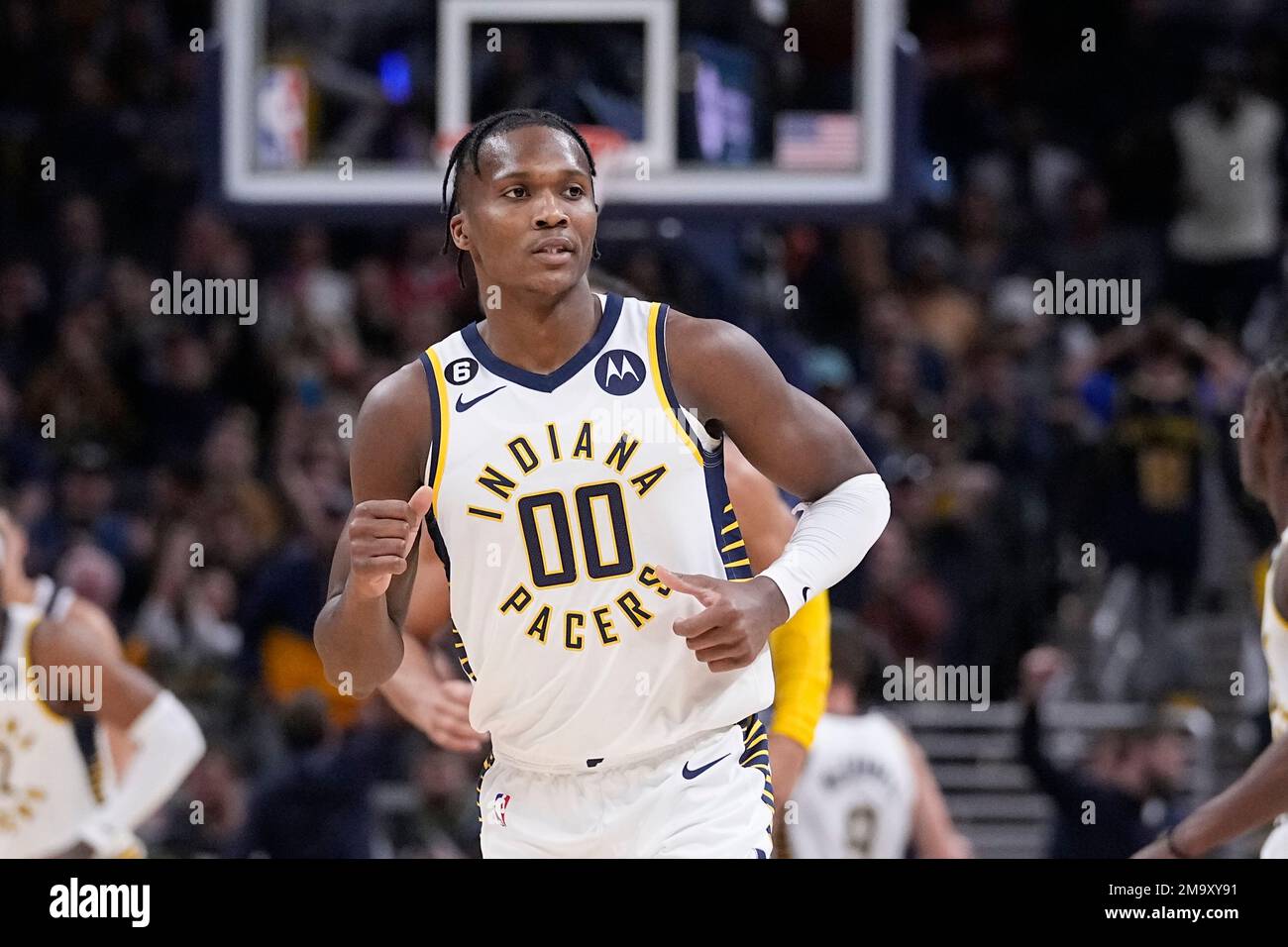 Indiana Pacers' Bennedict Mathurin reacts during the first half of an ...