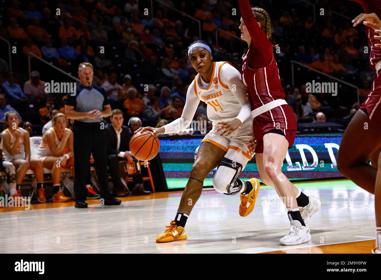 Tennessee forward Jasmine Franklin (14) drives against UMass forward ...