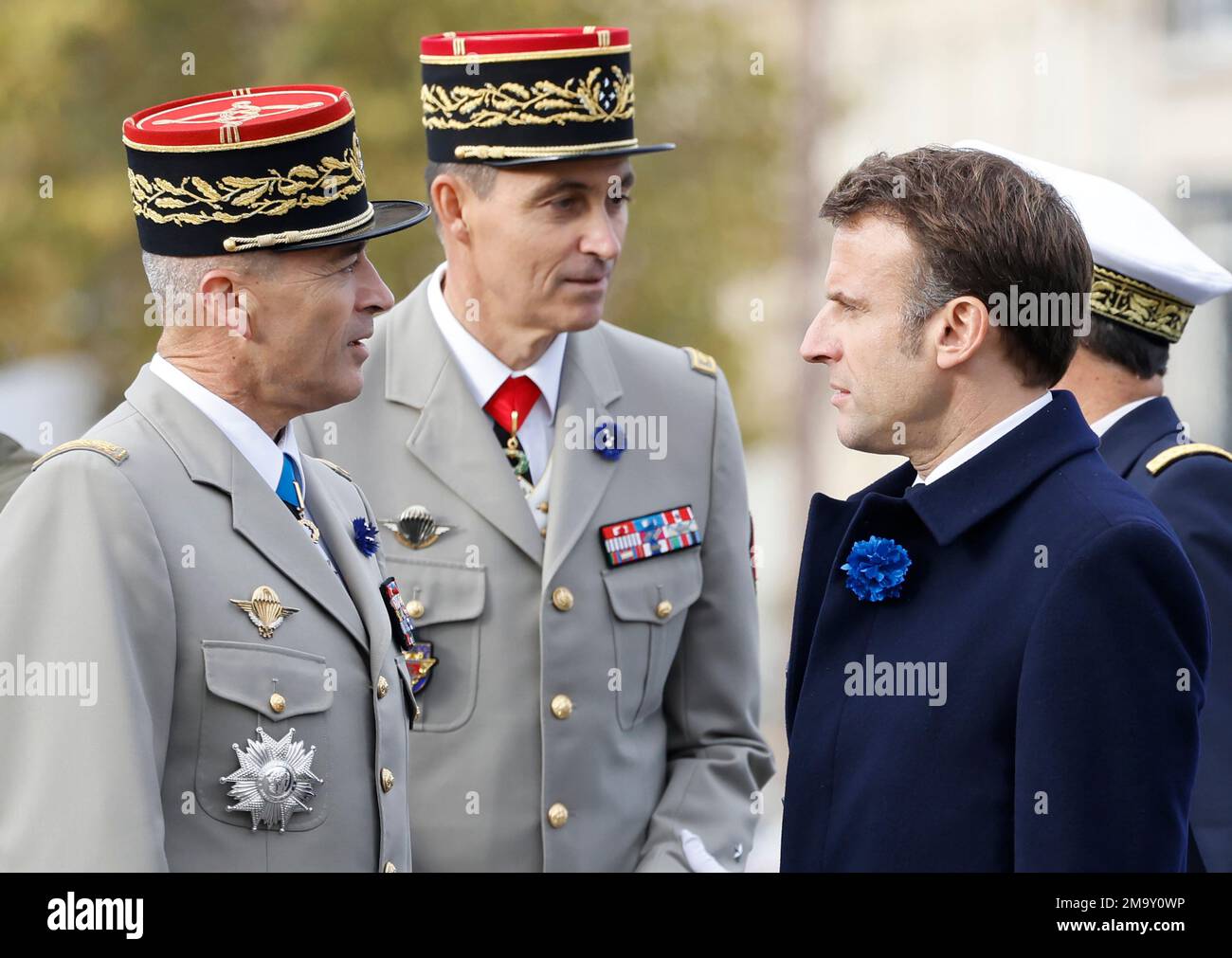 French President Emmanuel Macron, right, speaks with French Chief of ...
