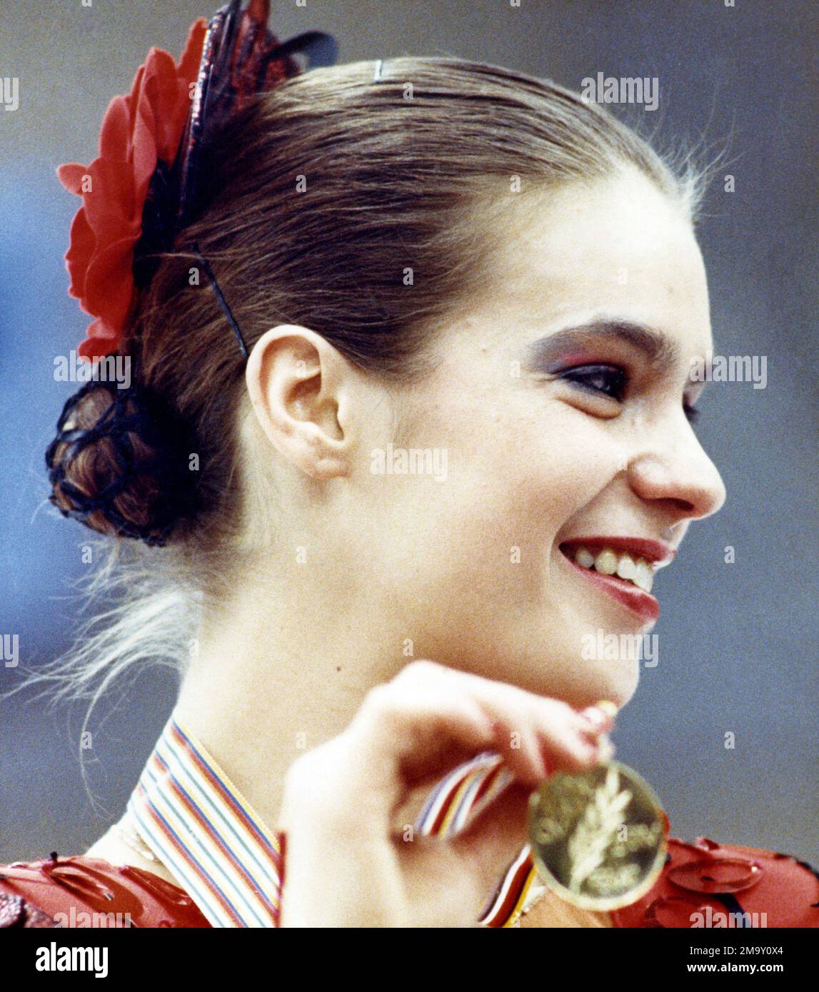 East German skater Katarina Witt displays what will be the last gold ...