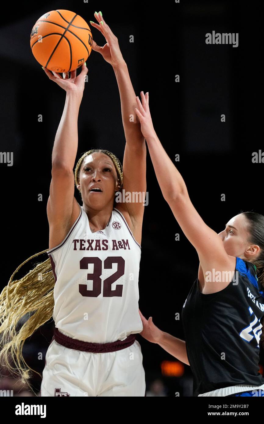 Texas A&M forward Aaliyah Patty (32) shoots as Texas A&M-Corpus Christi ...