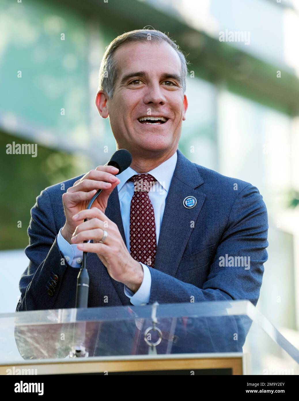 Los Angeles Mayor Eric Garcetti addresses the audience during a ...