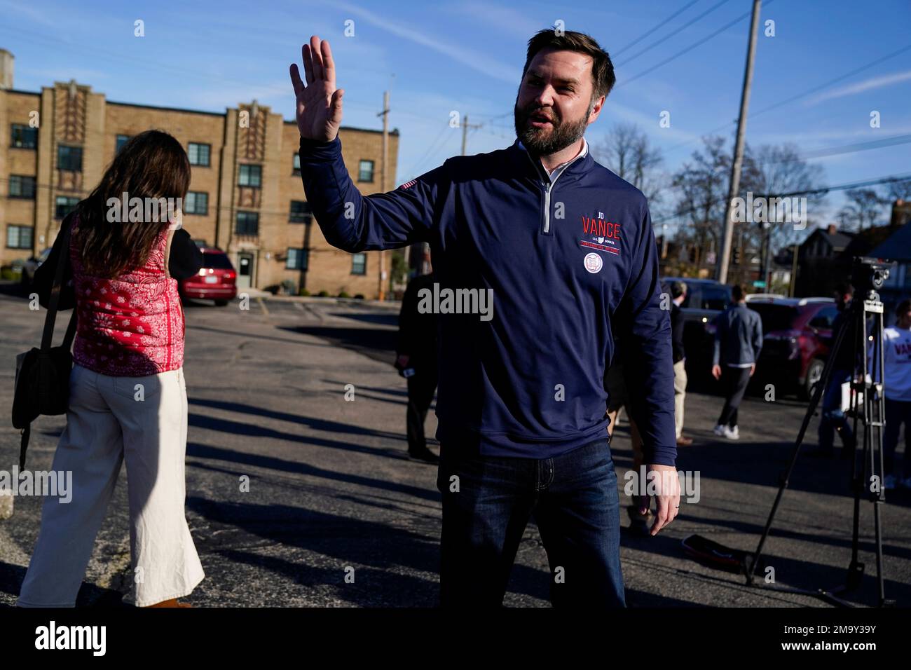 Ohio Senate candidate JD Vance speaks with supporters outside of a ...