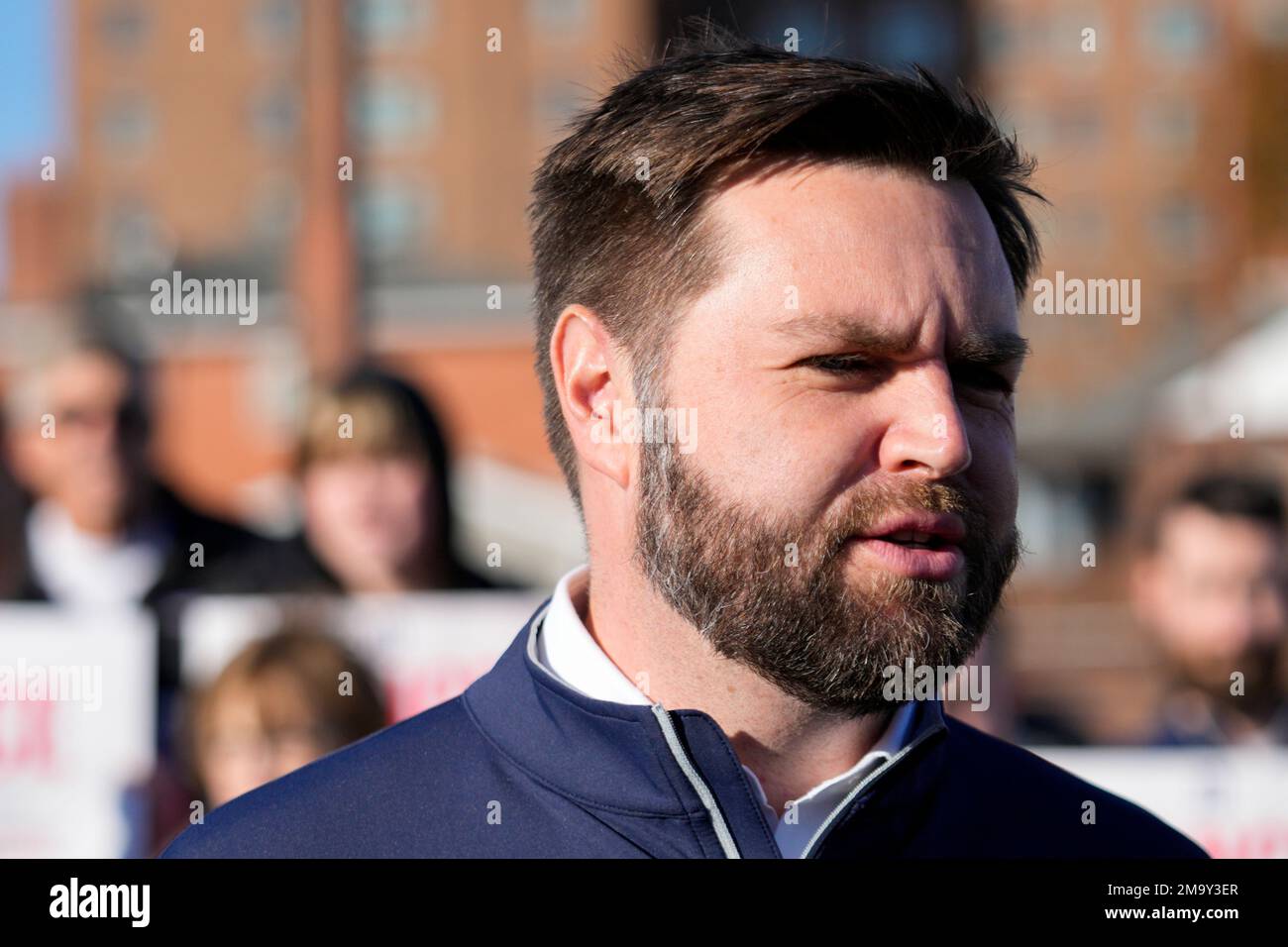 Ohio Senate candidate JD Vance speaks with reporters outside of a ...