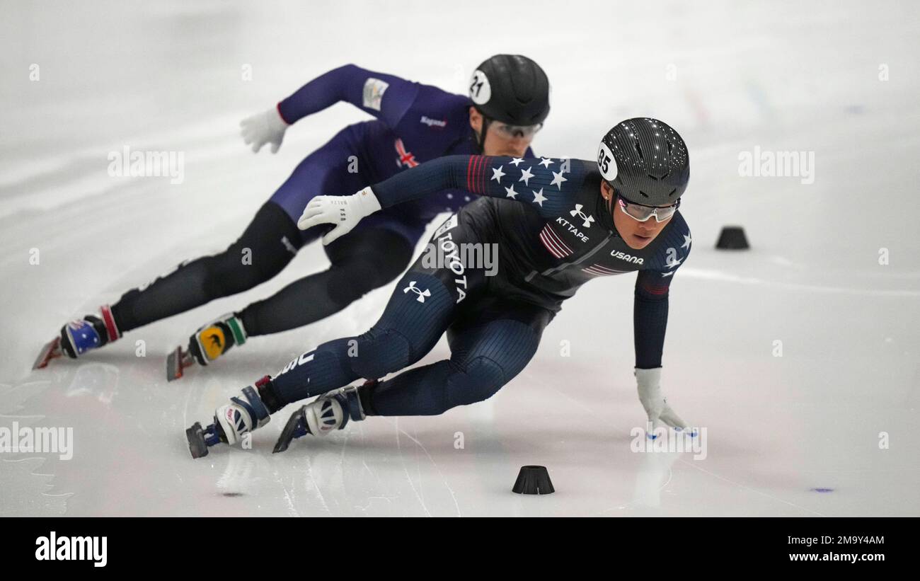 The United States Andrew Heo (85) skates during the men's 500 meter ...