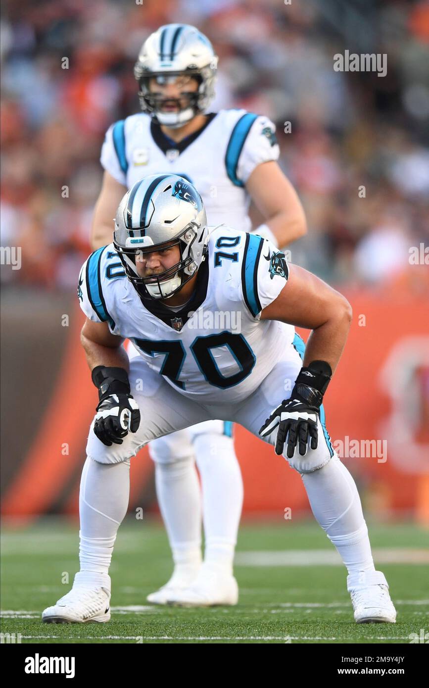 Carolina Panthers offensive tackle Brady Christensen (70) lines up for ...