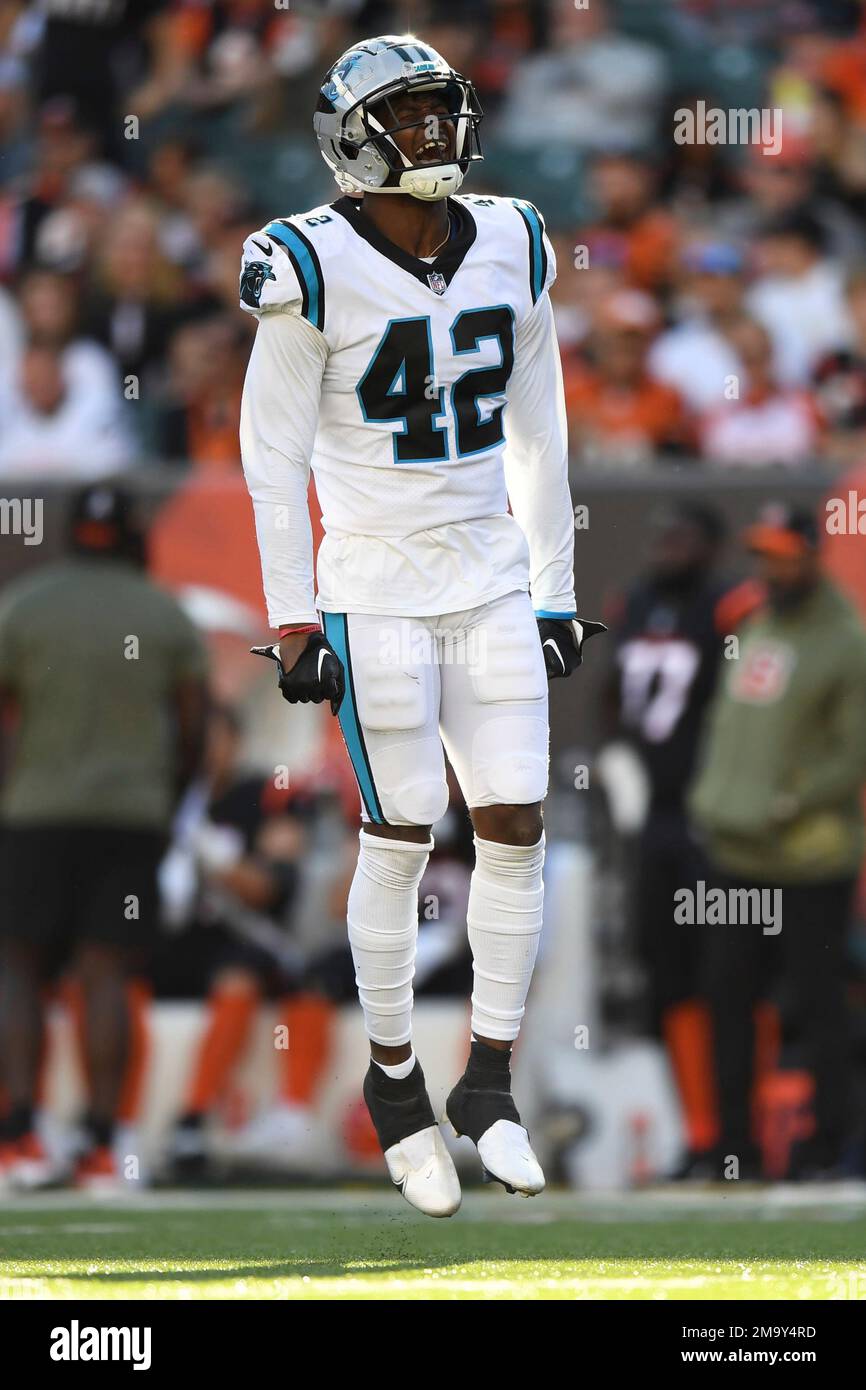 Carolina Panthers safety Sam Franklin Jr. (42) celebrates during an NFL ...