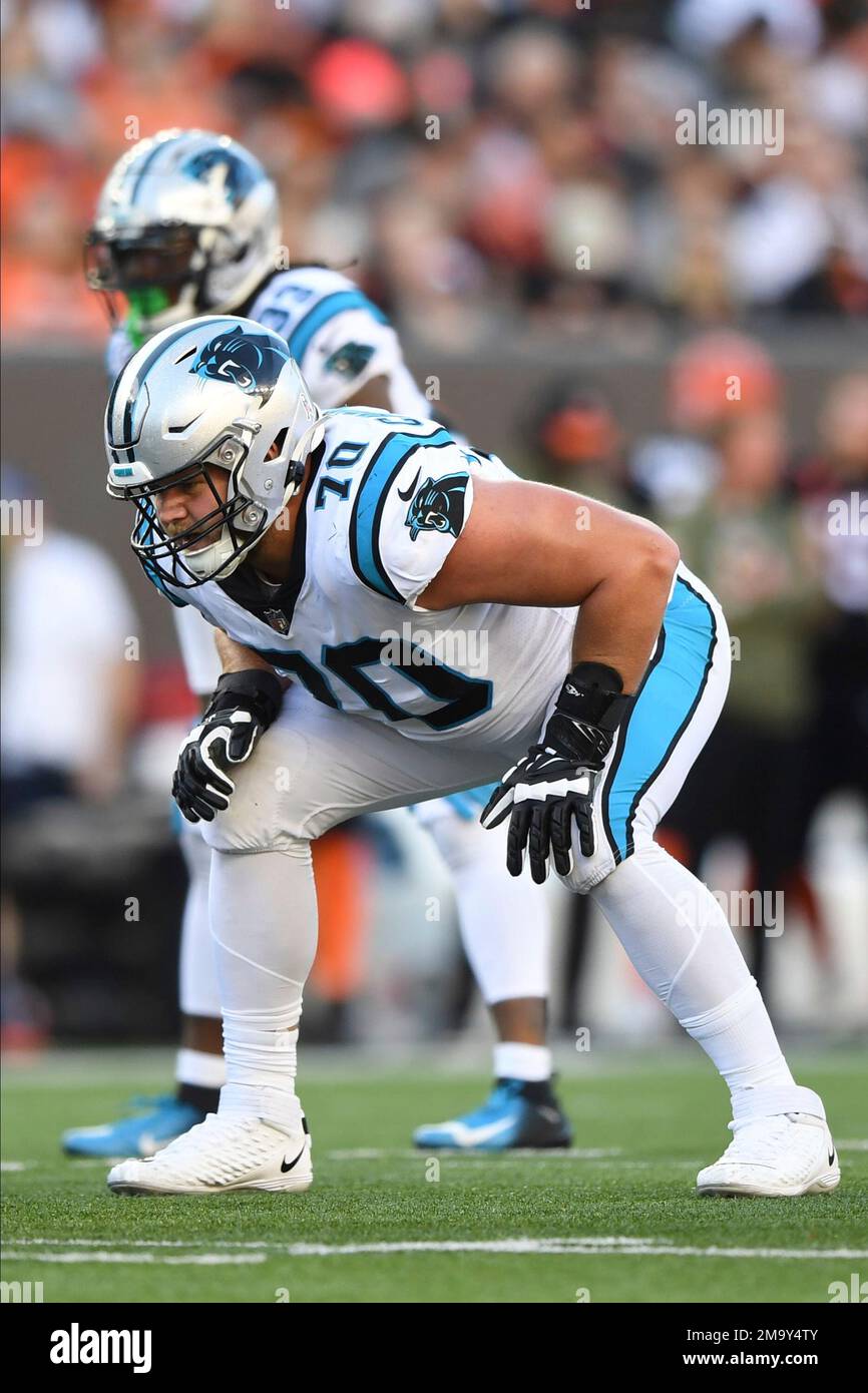 Carolina Panthers offensive tackle Brady Christensen (70) lines up for ...