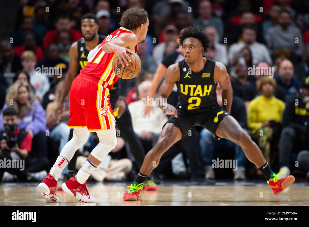 Atlanta Hawks' Trae Young dribbles against Utah Jazz's Collin Sexton ...