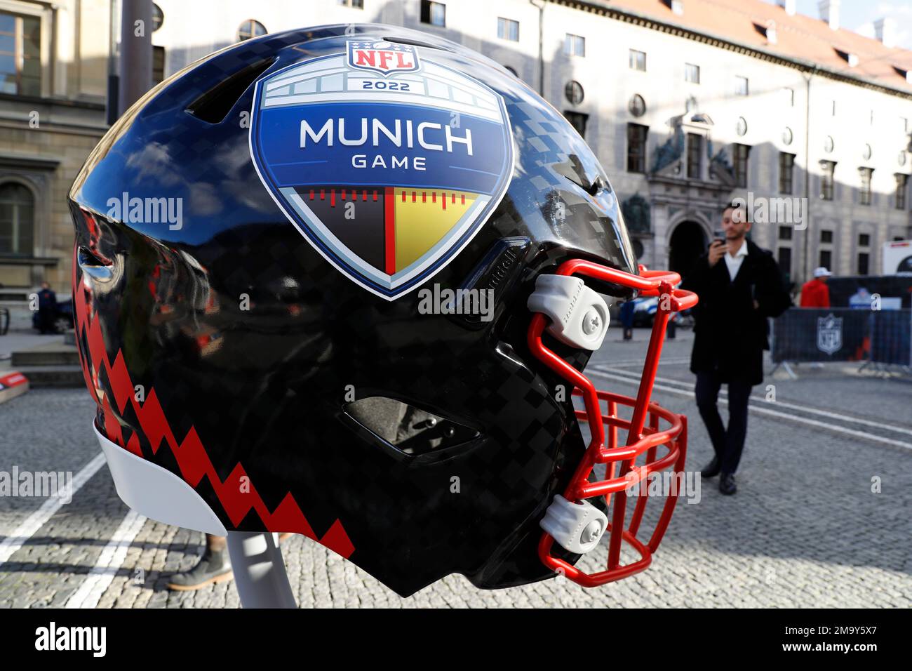 A large helmet with the NFL Munich game logo is on display at an NFL ...