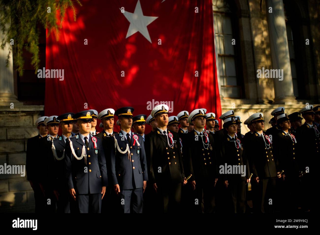 Military personnel of Turkish army stand to mark the 84th anniversary ...