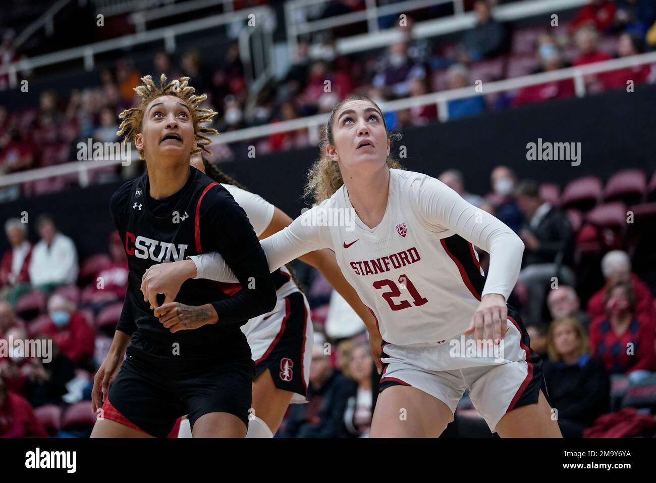 Cal State Northridge forward Michelle Duchemin, left, and Stanford guard Brooke Demetre (21 ...