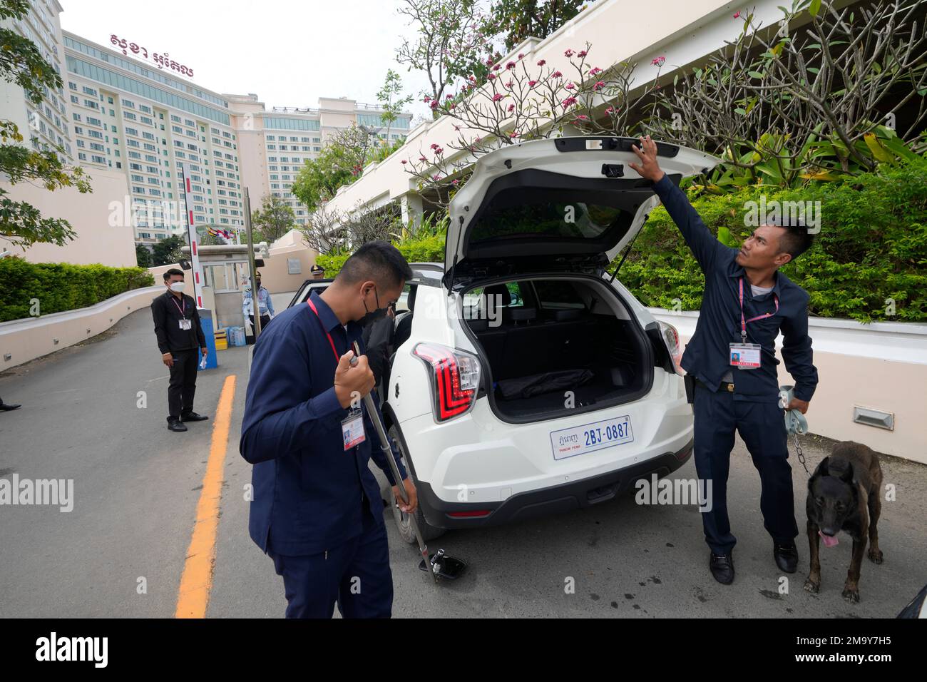Security personnel check a vehicle outside the venue for the upcoming Association of Southeast ...