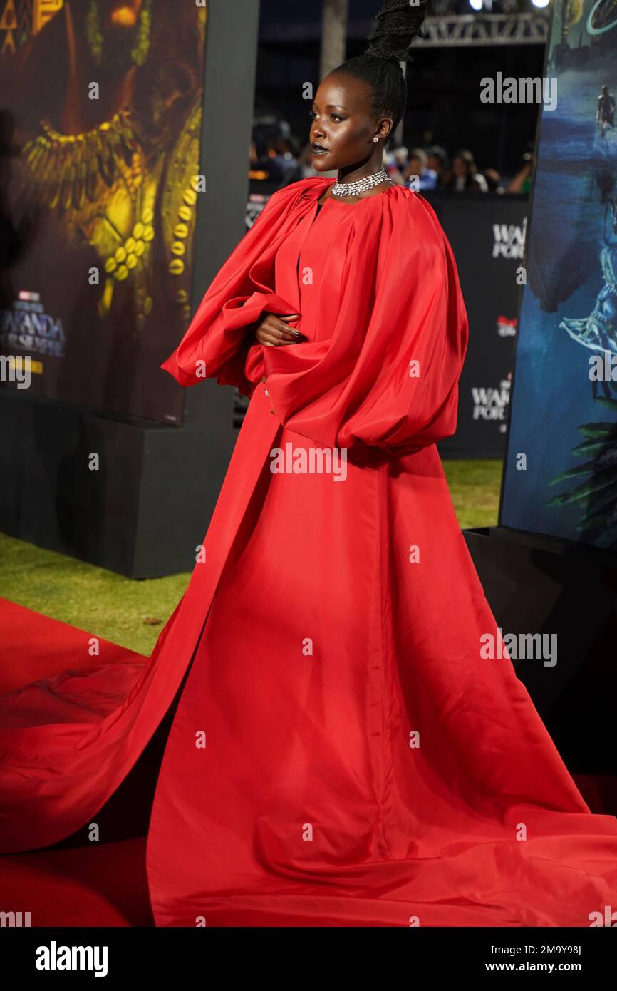 Actor Lupita Nyongo poses on the red carpet at the premiere of Black ...