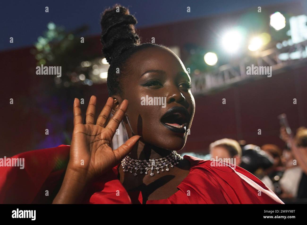 Actor Lupita Nyongo poses on the red carpet at the premiere of Black ...