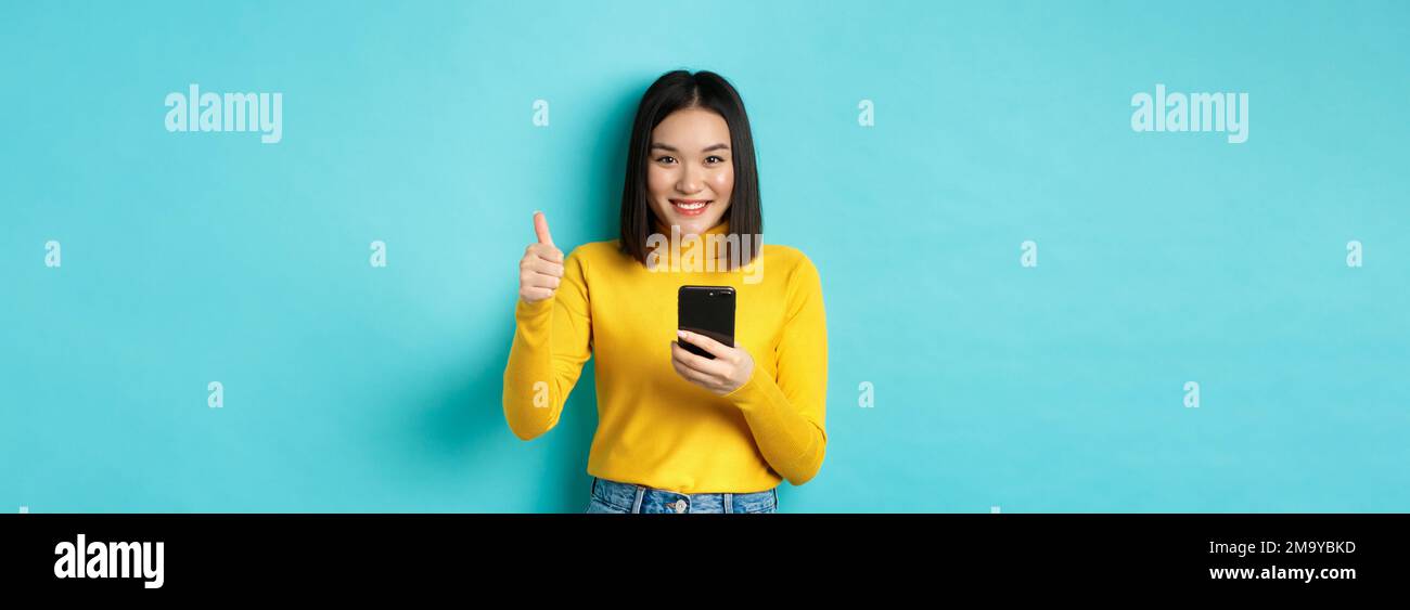 E-commerce and online shopping concept. Satisfied asian female client ...