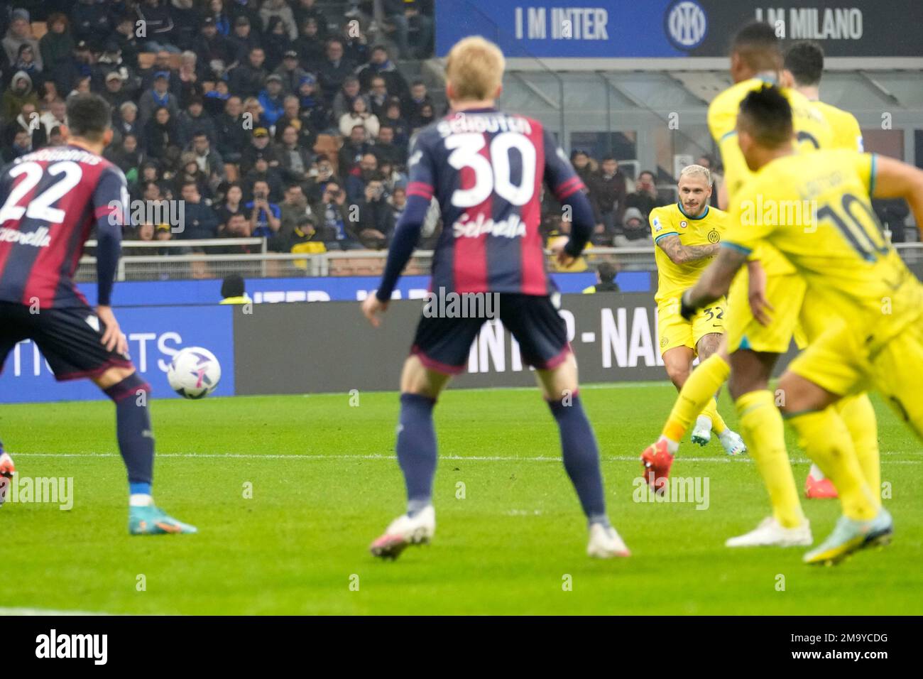 Inter Milan's Federico Dimarco, right, scores his side's 2nd goal ...