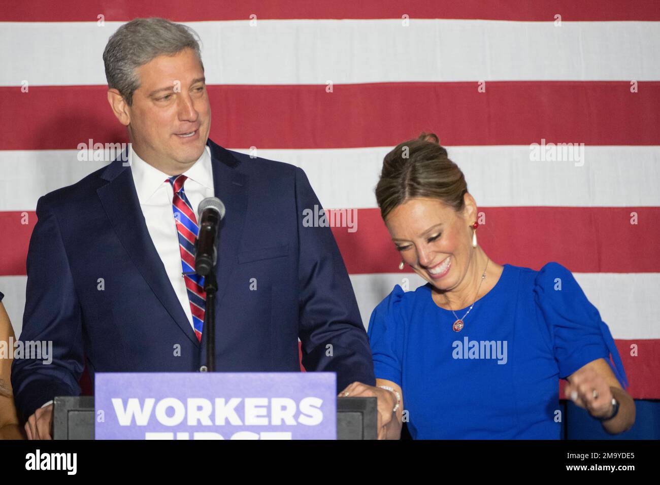 Democratic Senate candidate Tim Ryan, D-Ohio, gets a reaction from his ...