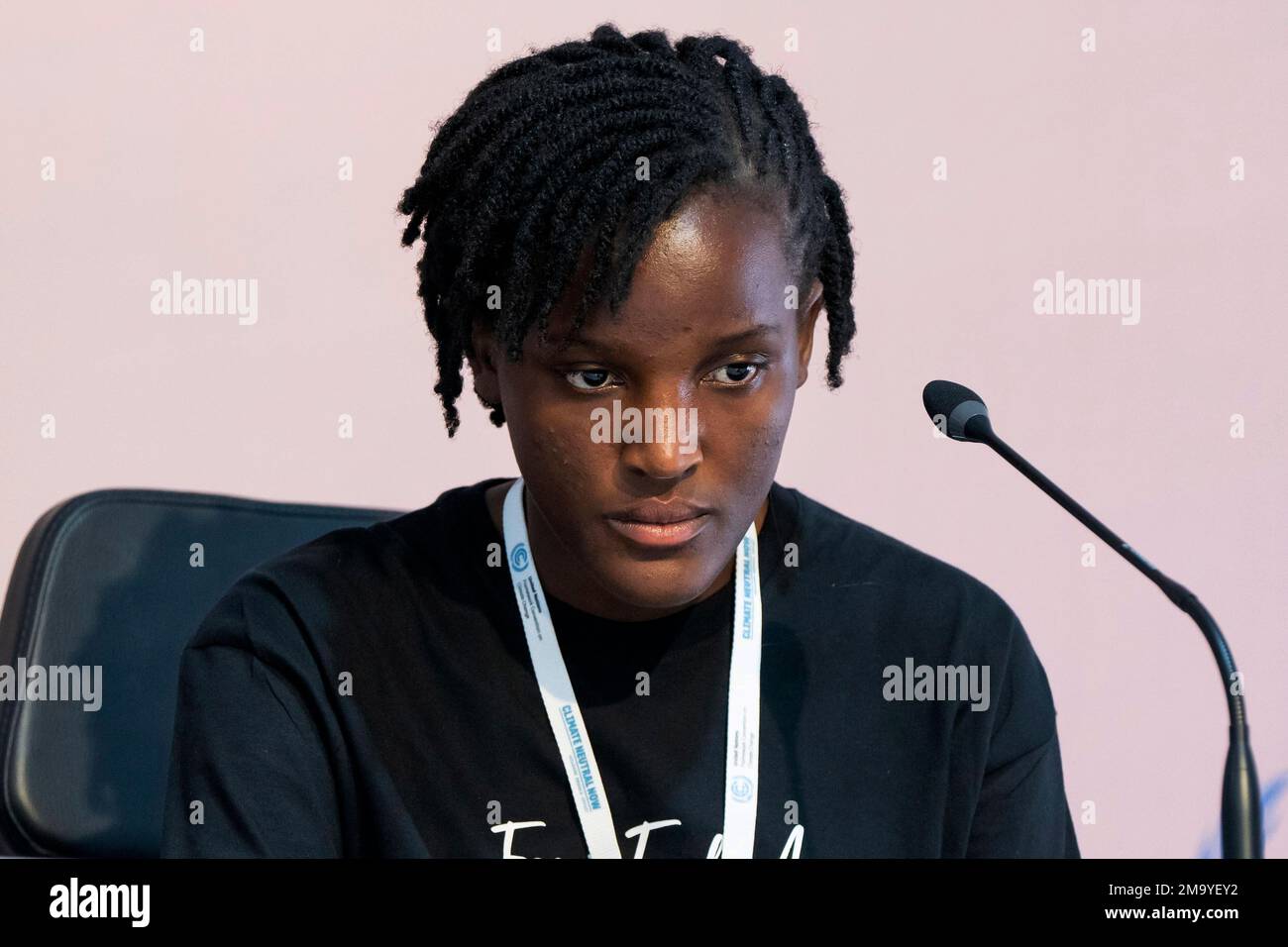 Climate activist Vanessa Nakate, of Uganda, speaks on a panel with ...