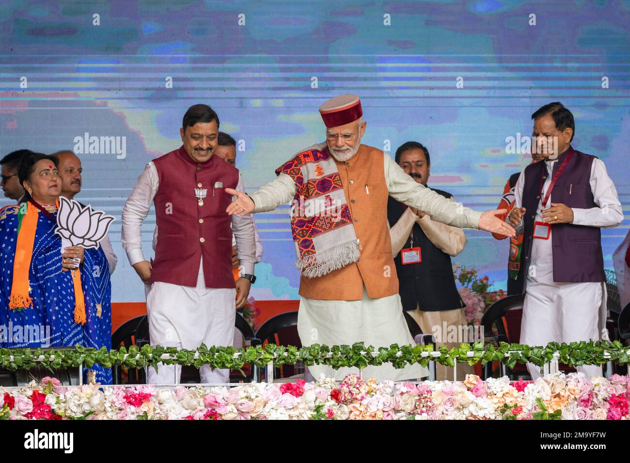 Indian Prime Minister Narendra Modi invites party workers to greet a ...