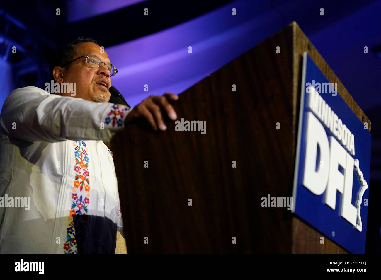 Minnesota Attorney General Keith Ellison speaks to the DFL election ...