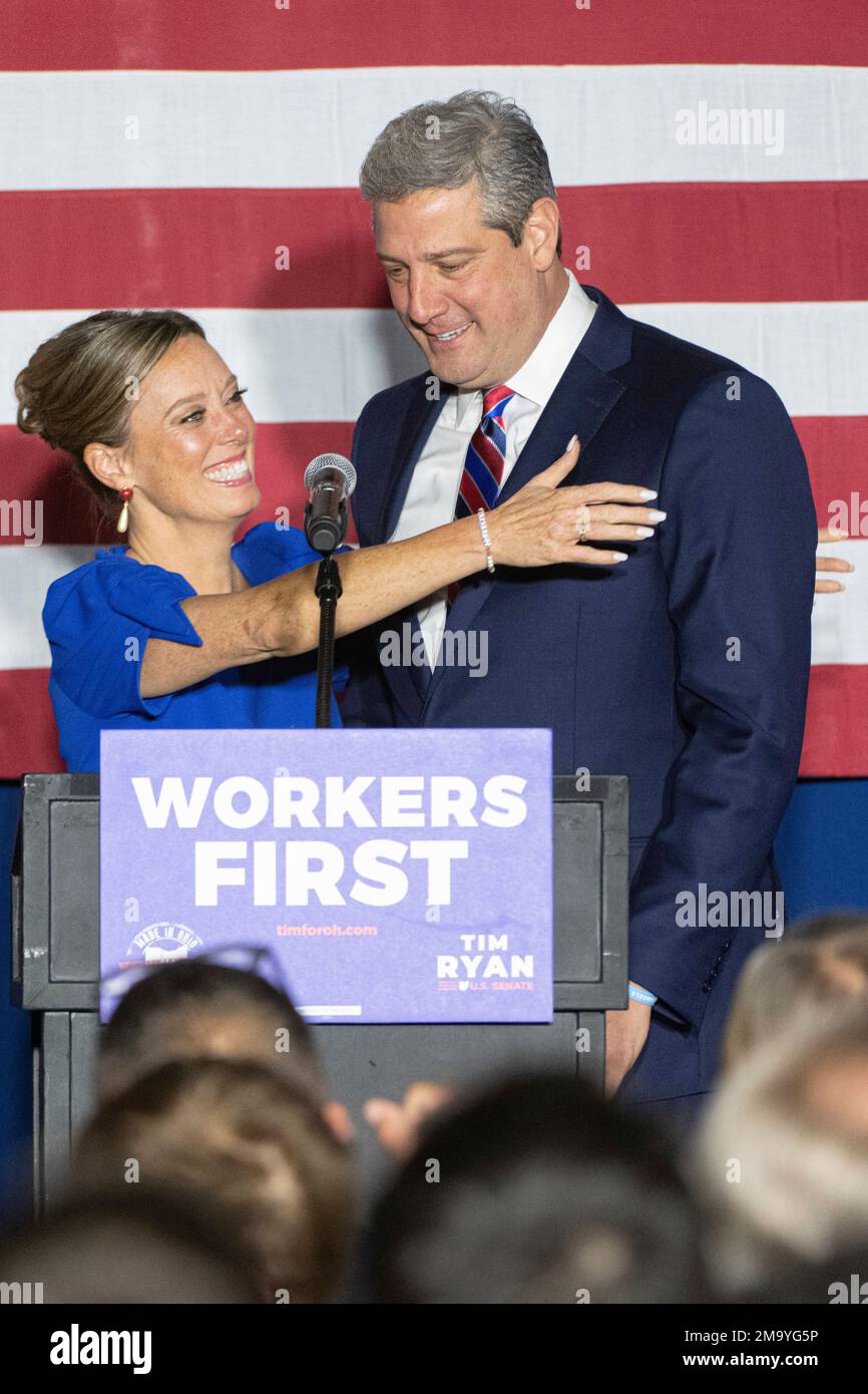 Democratic Senate candidate Rep. Tim Ryan, D-Ohio, gets a hug from his wife Andrea during an ...