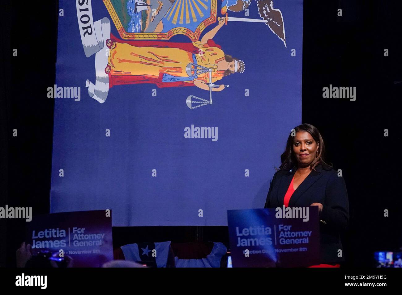 New York Attorney General Letitia James arrives on stage to speak ...