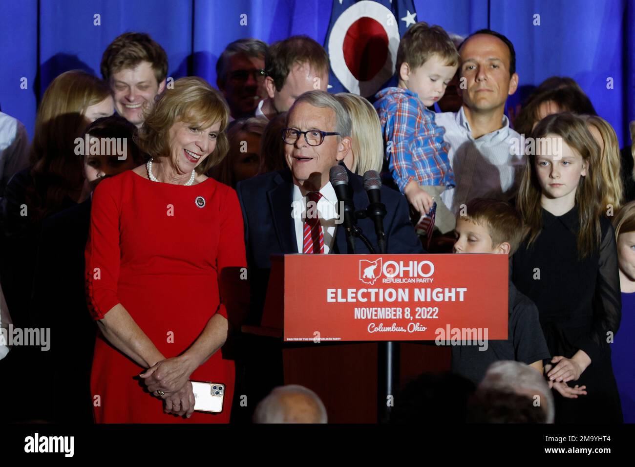 Republican Ohio Gov. Mike DeWine, right, speaks during an election ...