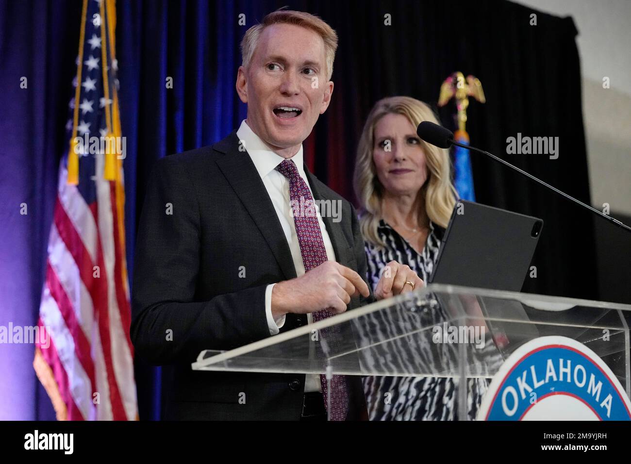 U.S. Sen. James Lankford gives his victory speech with his wife Cindy ...