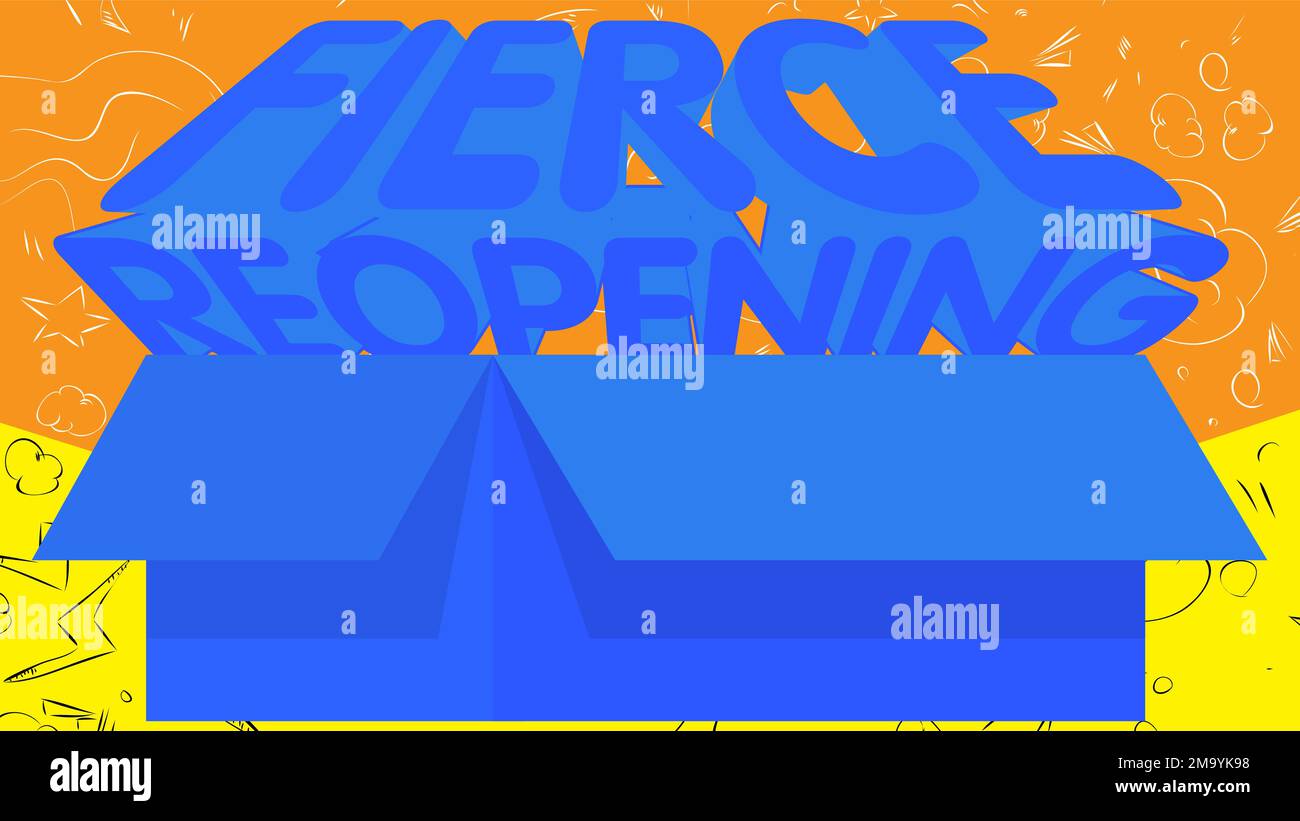 Fierce Reopening word with cardboard box. Vector cartoon folded card ...