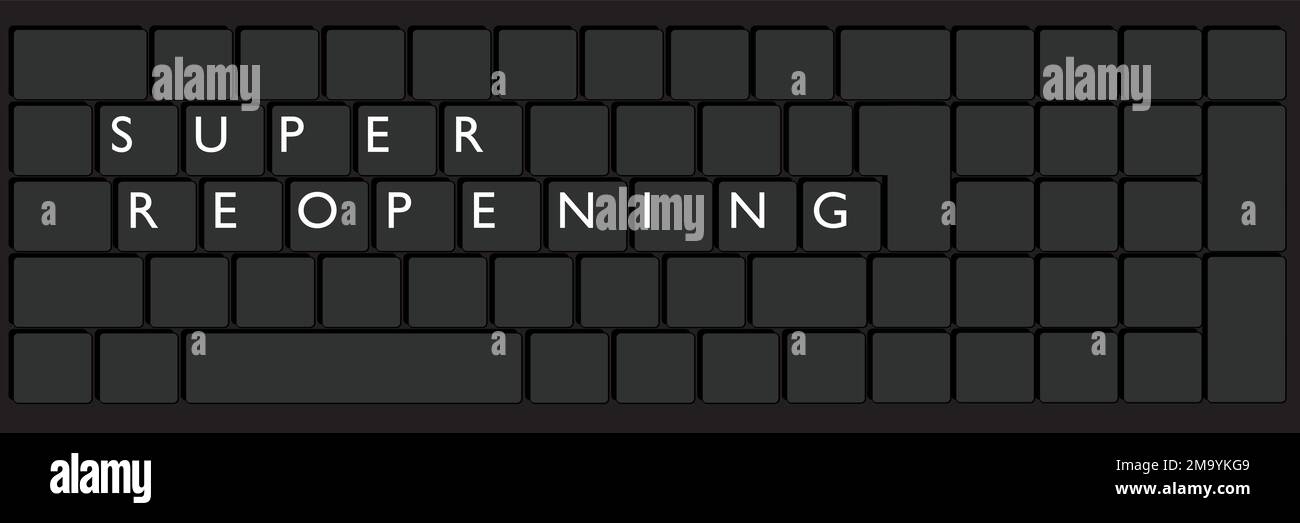 Computer Keyboard with Super Reopening text. Close-up of an electronic ...