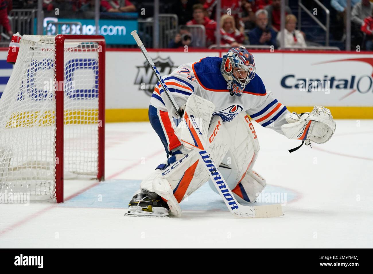 Edmonton Oilers goaltender Stuart Skinner in the third period of an NHL ...