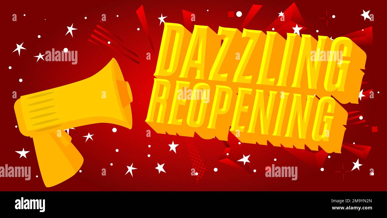 Dazzling Reopening text with cartoon Megaphone. Vector Announcement ...
