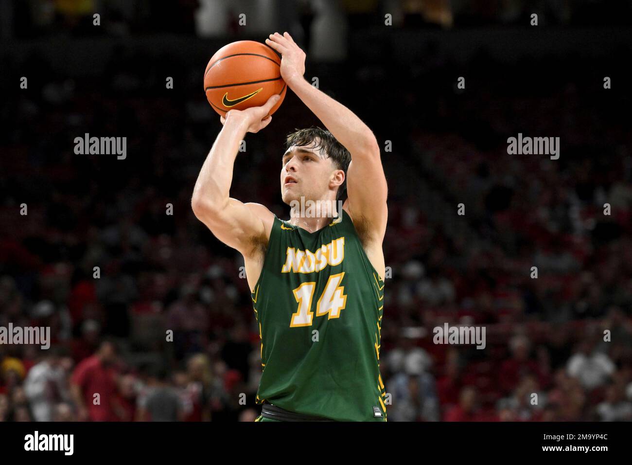 North Dakota State guard Boden Skunberg (14) shoots against Arkansas ...