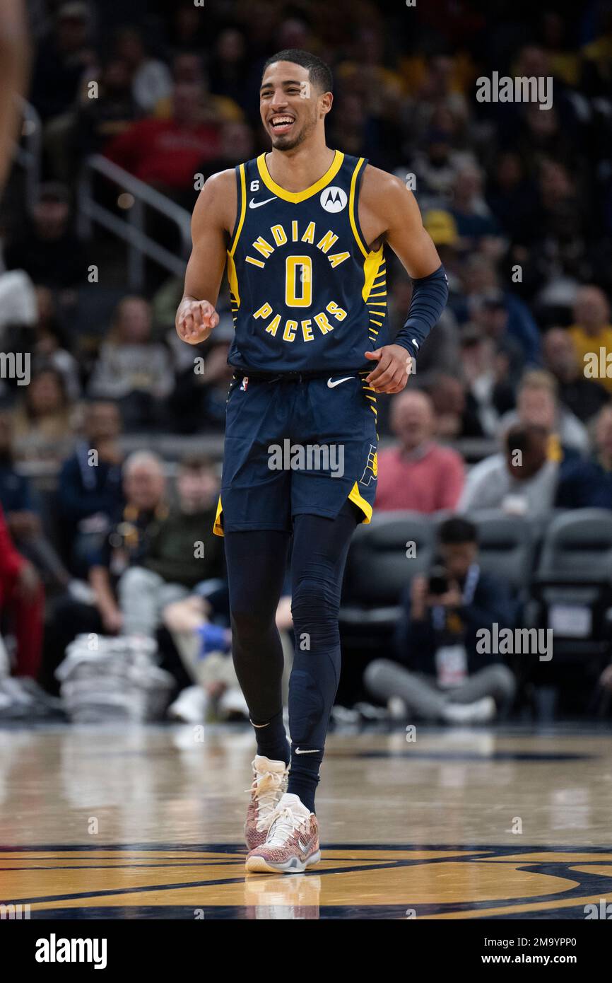 Indiana Pacers guard Tyrese Haliburton (0) smiles during the second ...