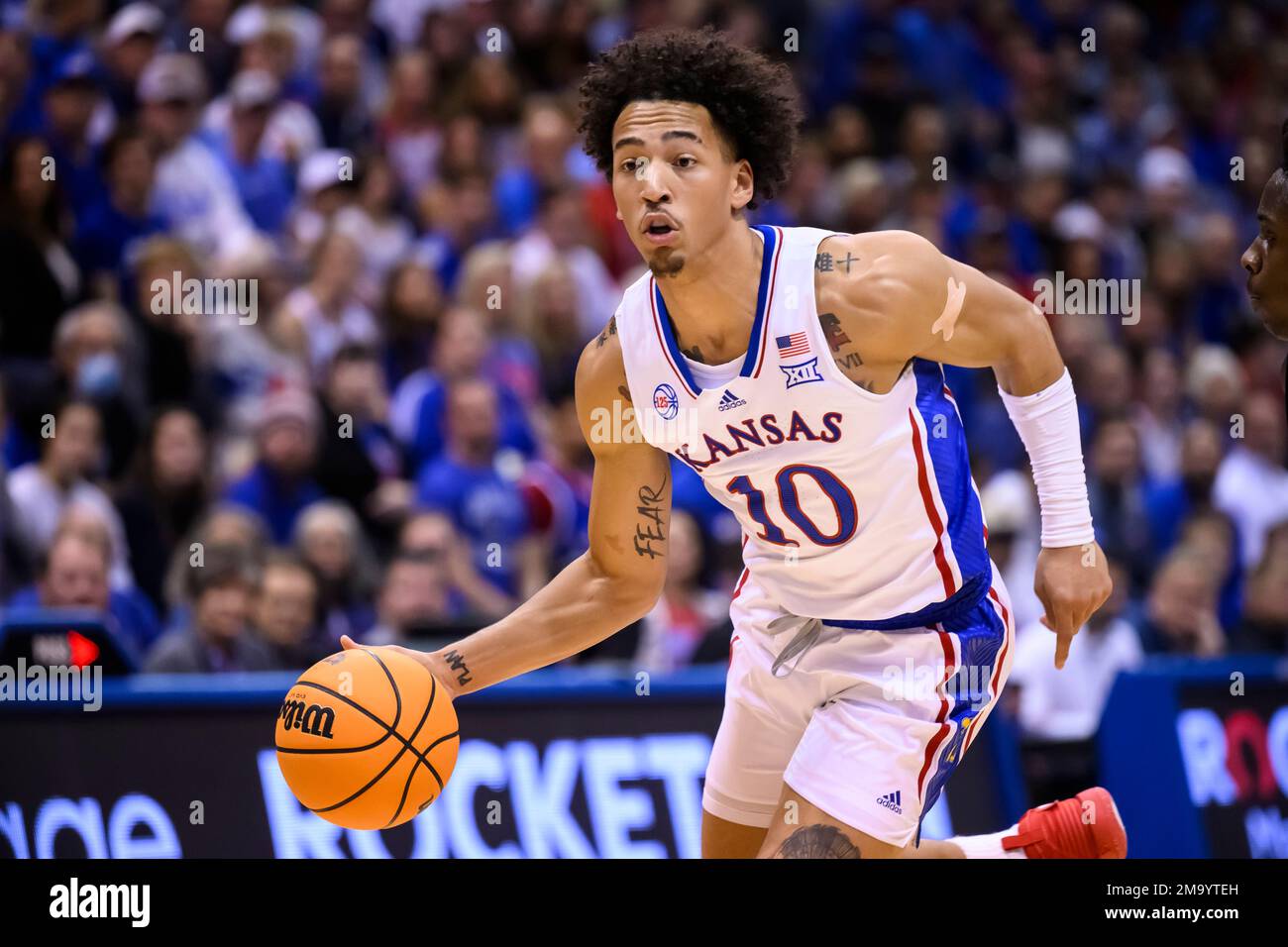 Kansas forward Jalen Wilson (10) drives against Omaha during the first ...