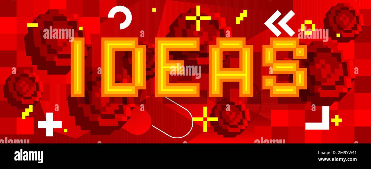 Ideas. Pixelated word with geometric graphic background. Vector cartoon ...
