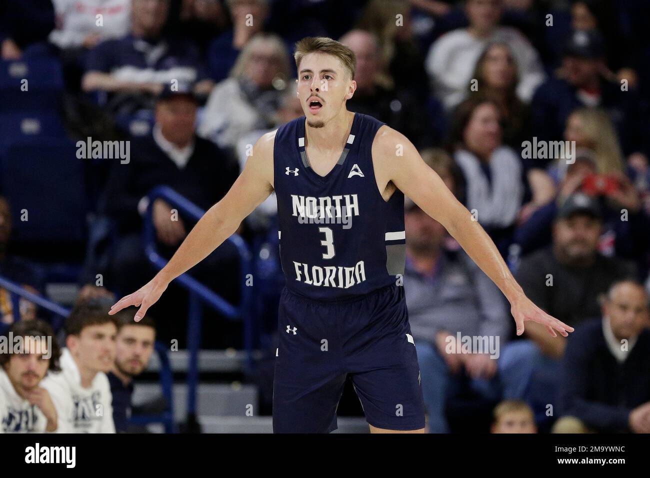 North Florida forward Carter Hendricksen defends during the first half ...