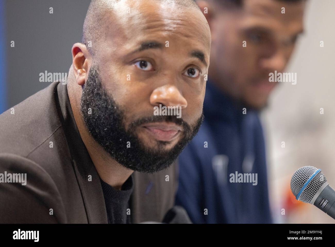 Villanova head coach Kyle Neptune talks to the media after an NCAA ...