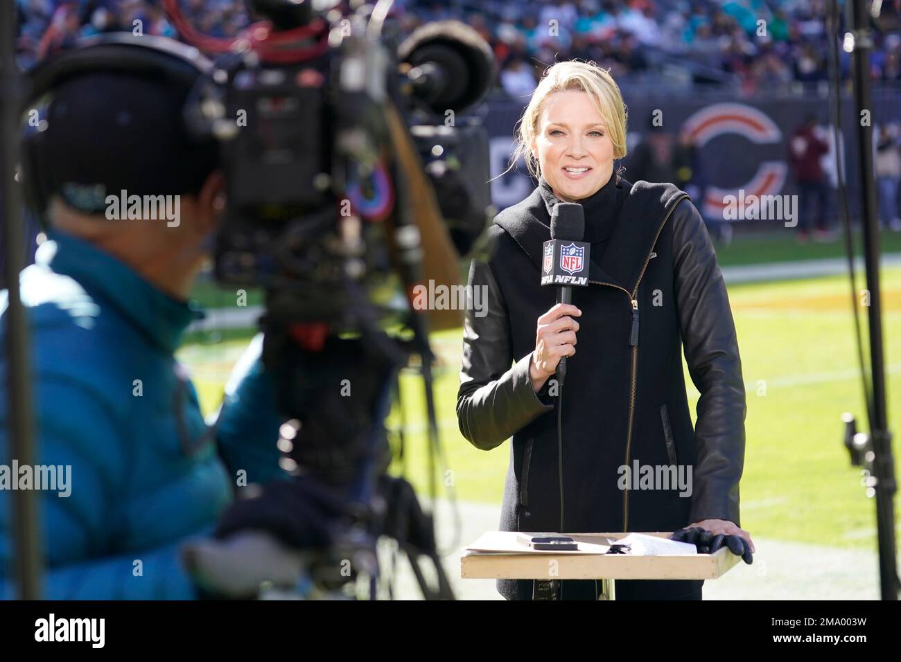 NFL Network sideline reporter Stacey Da reports before an NFL football ...
