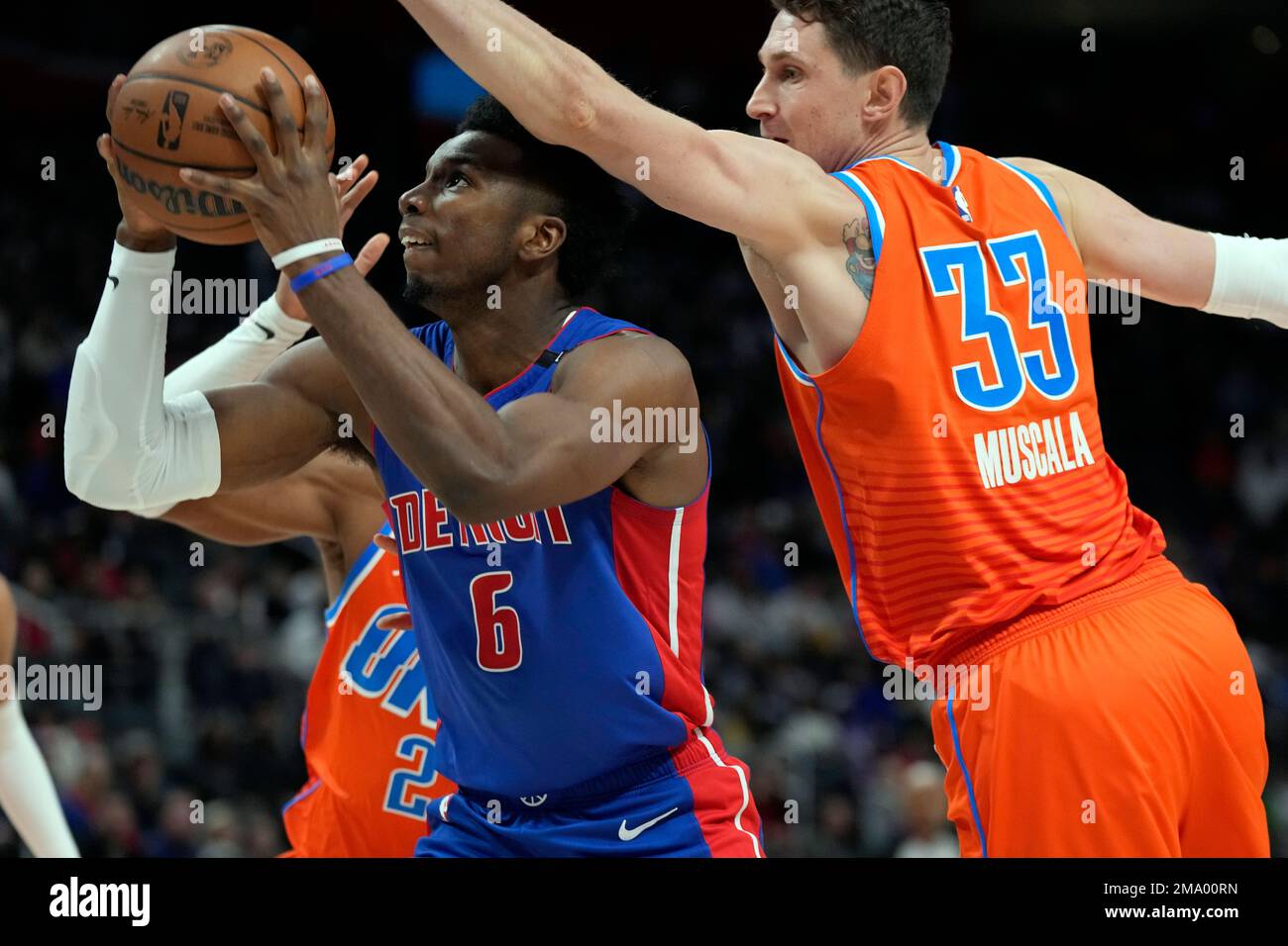 Detroit Pistons guard Hamidou Diallo (6) is fouled by Oklahoma City ...