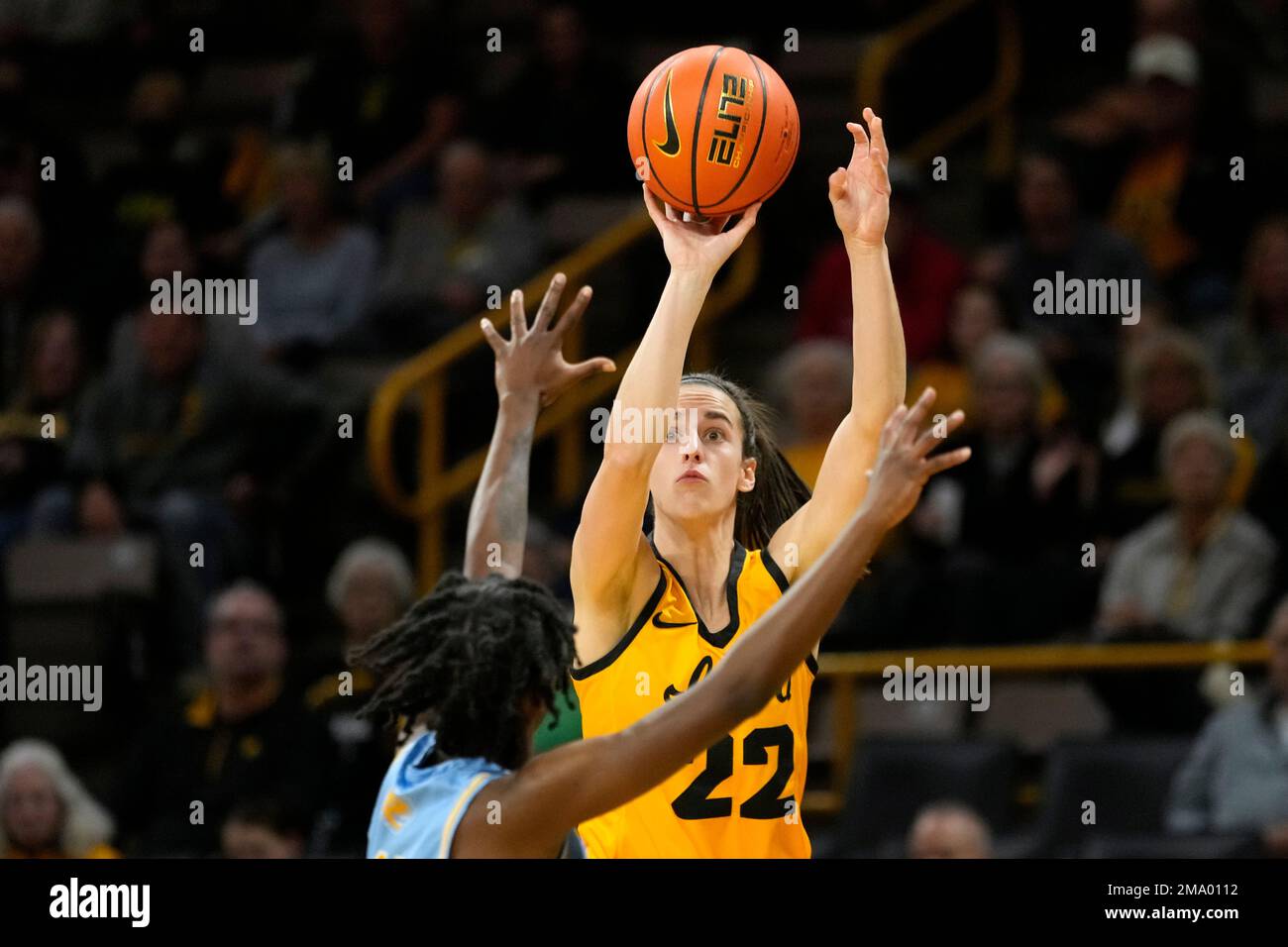 Iowa guard Caitlin Clark (22) shoots over Southern guard Chloe Fleming ...