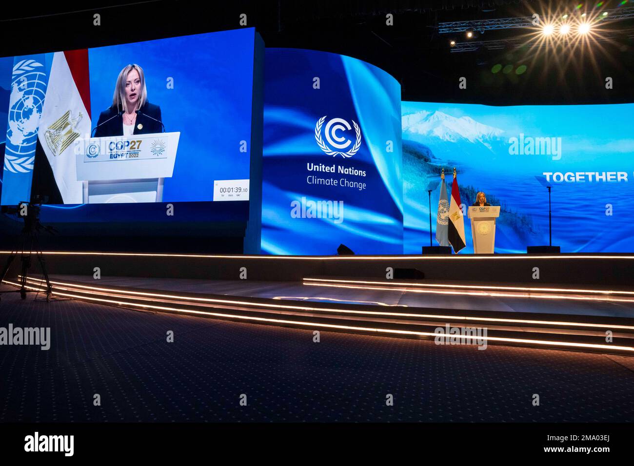 Italian Prime Minister Giorgia Meloni, delivers a speech, during the ...