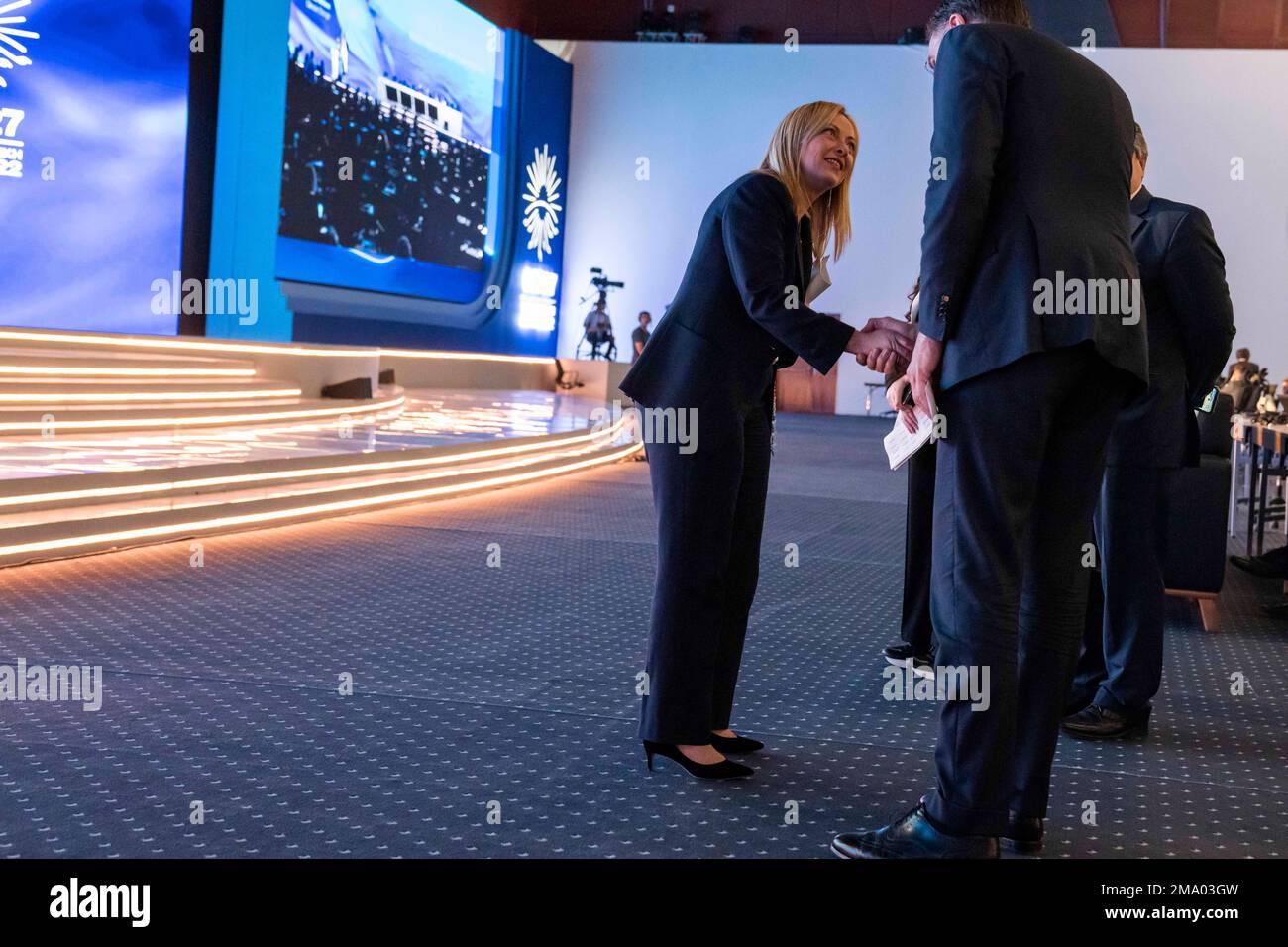 Italian Prime Minister Giorgia Meloni, leaves the stage after ...