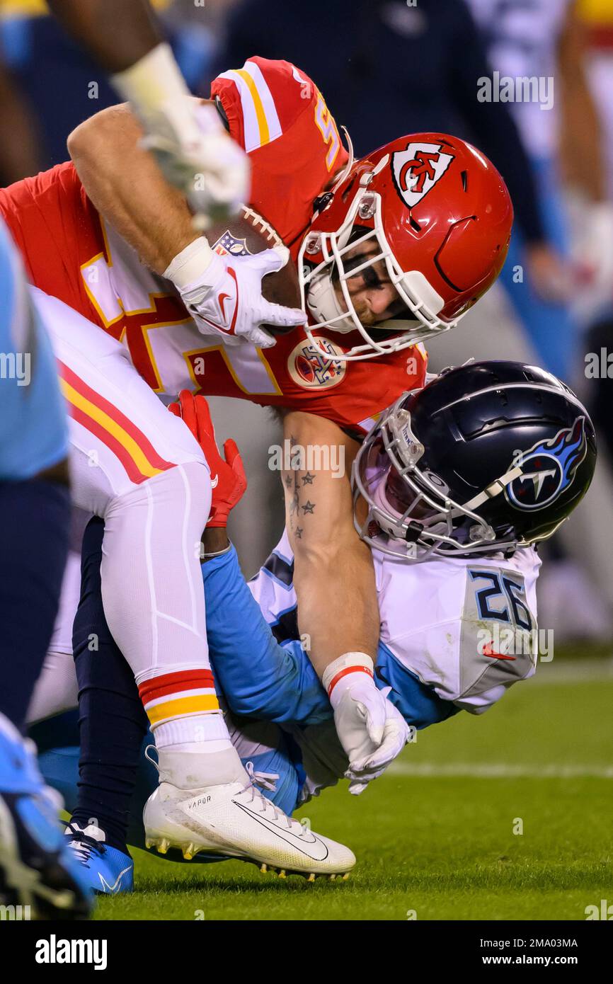 Tennessee Titans cornerback Kristian Fulton (26) tackles Kansas City ...