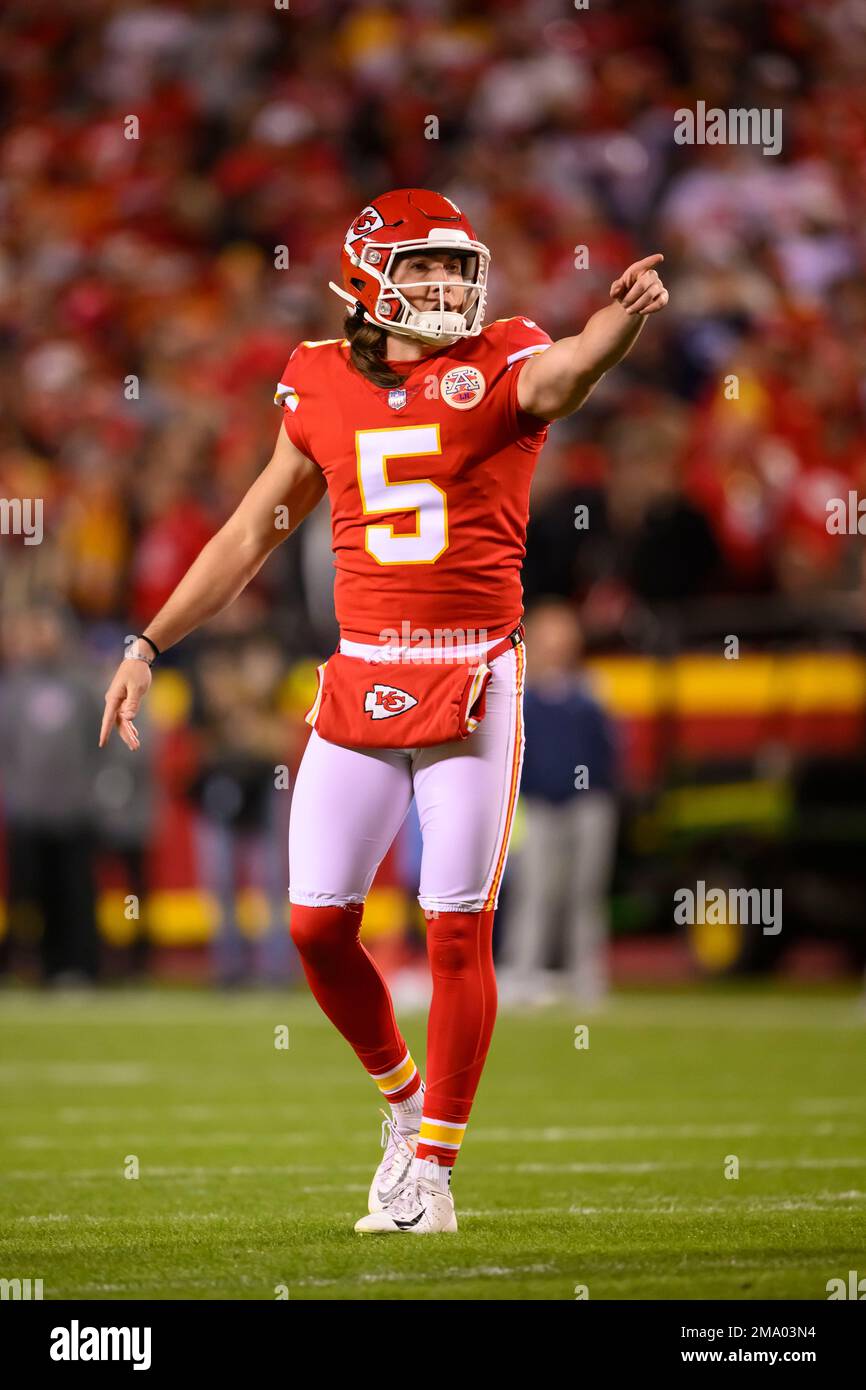 Kansas City Chiefs punter Tommy Townsend reacts to a missed PAT during ...