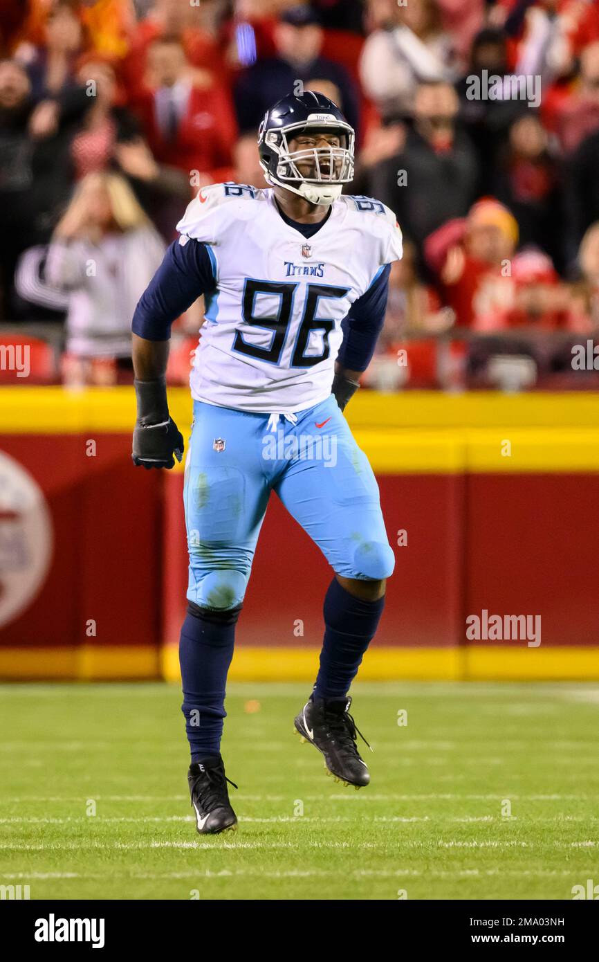 Tennessee Titans defensive end Denico Autry celebrates a sack of Kansas ...